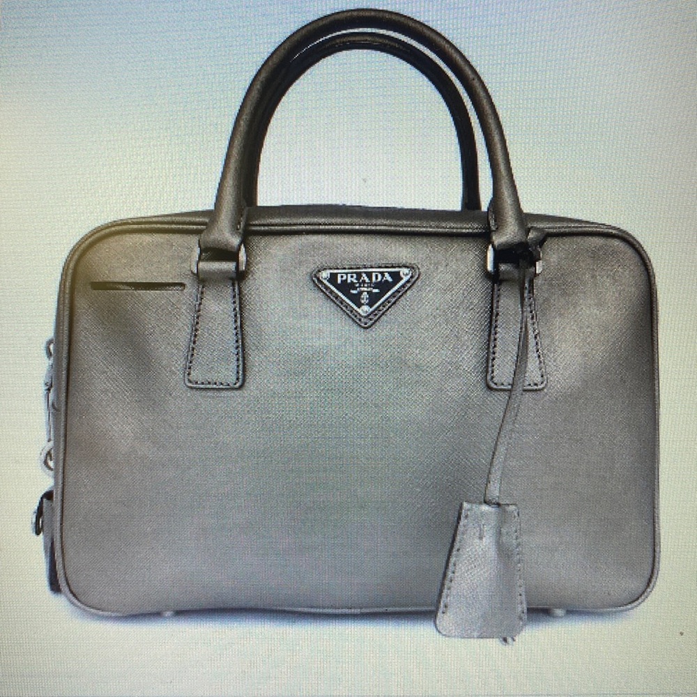 Prada Logo Plate Silver Leather Tote Hand Bag/ Q4627 - Gem
